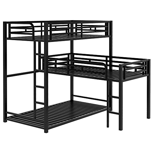 BIADNBZ L-Shaped Metal Triple Twin Size Bunk Bed with Integrated Ladder and Full-Length Guardrails for Kids/Bedroom,Black
