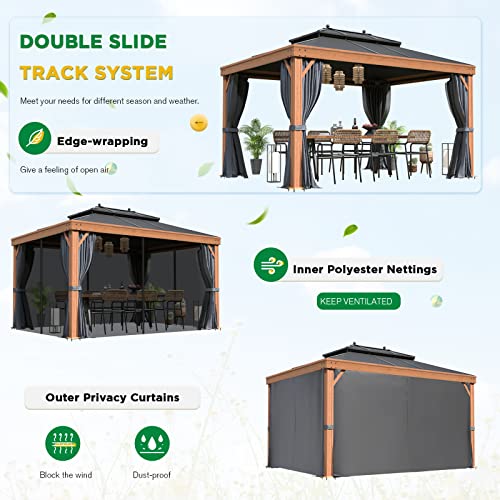 EROMMY 10'x13' Hardtop Gazebo Outdoor Aluminum Wood Grain Gazebos with Galvanized Steel Roof and Mosquito Net for Patios, Deck, Backyard, Curtains & Netting