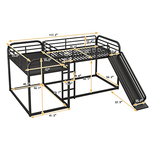 WOXYX Full and Twin Size L-Shaped Bunk Bed,Metal 4 Beds Frame with Slide and Short Ladder,White