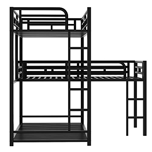 BIADNBZ L-Shaped Metal Triple Twin Size Bunk Bed with Integrated Ladder and Full-Length Guardrails for Kids/Bedroom,Black