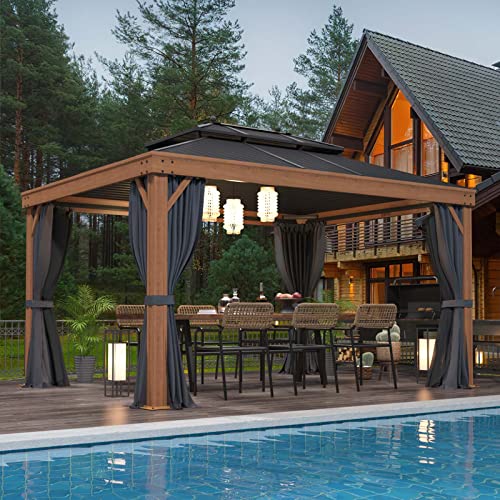 EROMMY 10'x13' Hardtop Gazebo Outdoor Aluminum Wood Grain Gazebos with Galvanized Steel Roof and Mosquito Net for Patios, Deck, Backyard, Curtains & Netting
