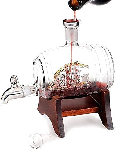 Wine Decanter Set Glass Decanter Whiskey Decanter 1000Ml Decanters Sailing Ship Stainless Steel Spigot Liquor Dispenser Wooden Stand with Faucet 1101