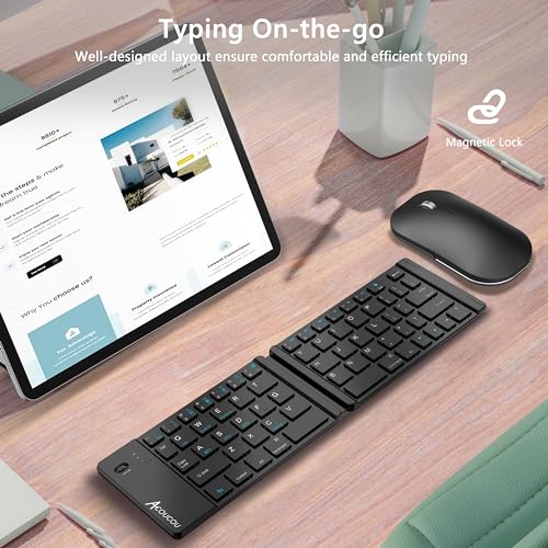 Acoucou Foldable Keyboard and Mouse Combo, Wireless Keyboard and Mouse Set, Portable Travel Keyboard for Tablet Smartphone Laptop, Compatible with Mac/iOS Windows Android System-3 Bluetooth Channels