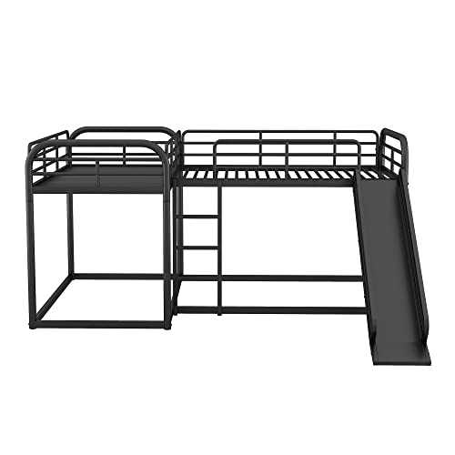 WOXYX Full and Twin Size L-Shaped Bunk Bed,Metal 4 Beds Frame with Slide and Short Ladder,White