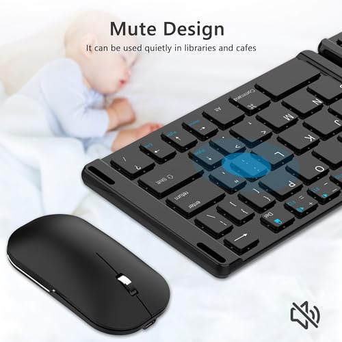 Acoucou Foldable Keyboard and Mouse Combo, Wireless Keyboard and Mouse Set, Portable Travel Keyboard for Tablet Smartphone Laptop, Compatible with Mac/iOS Windows Android System-3 Bluetooth Channels