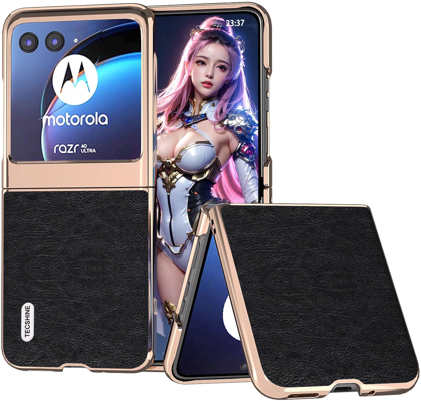 TECSHINE Case for Motorola Razr 40 Ultra Folding Screen Mobile Phone. Leather Cover Shell for Moto Razr+ 2023 Cell-Phone -Black