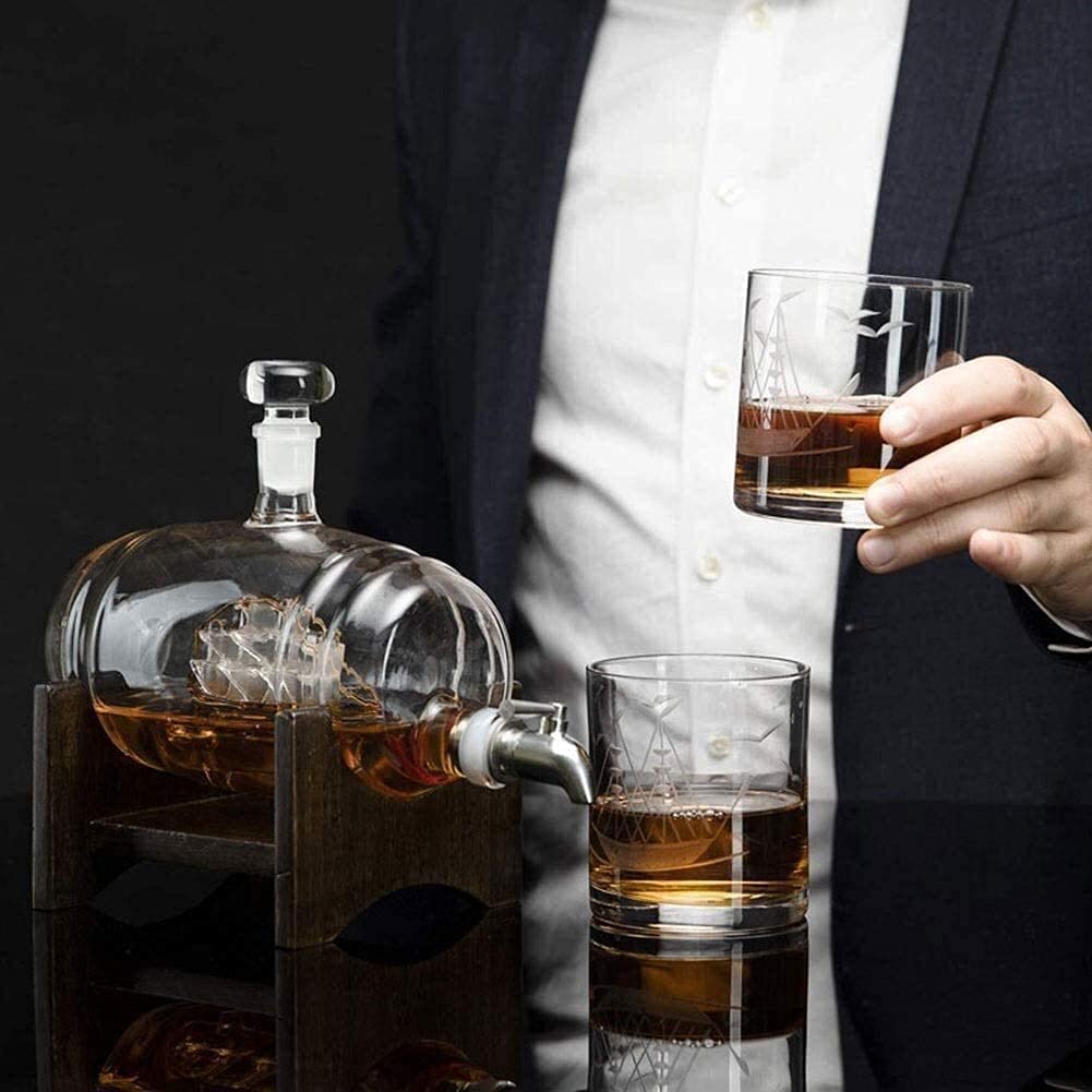 Wine Decanter Set Glass Decanter Whiskey Decanter 1000Ml Decanters Sailing Ship Stainless Steel Spigot Liquor Dispenser Wooden Stand with Faucet 1101