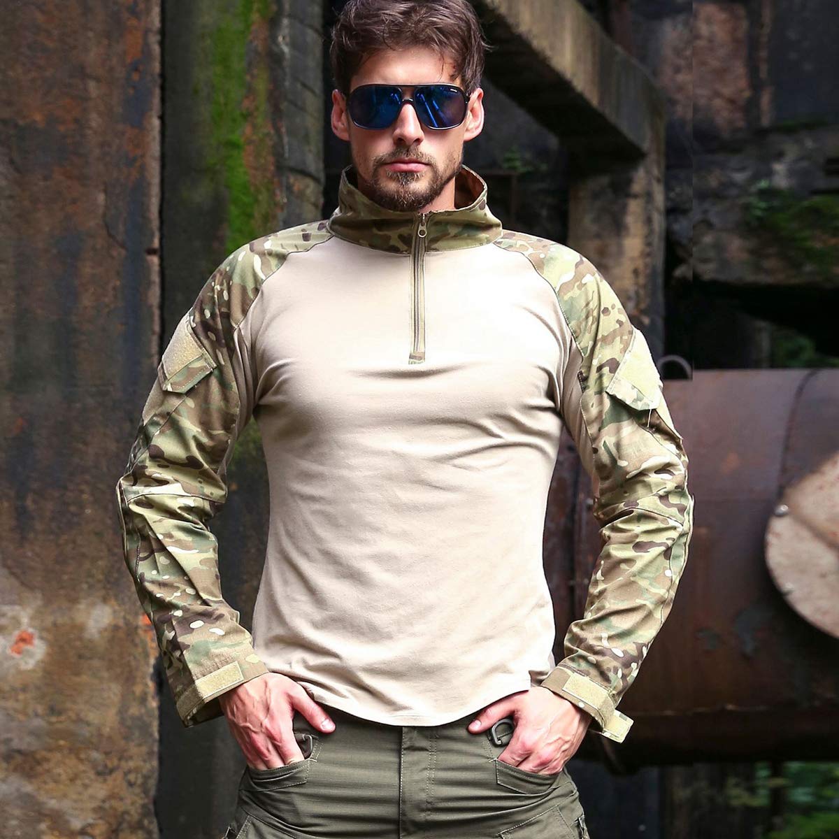 CARWORNIC Men's Tactical Combat Shirt, 1/4 Zipper Long Sleeve Camo Army Military T Shirt