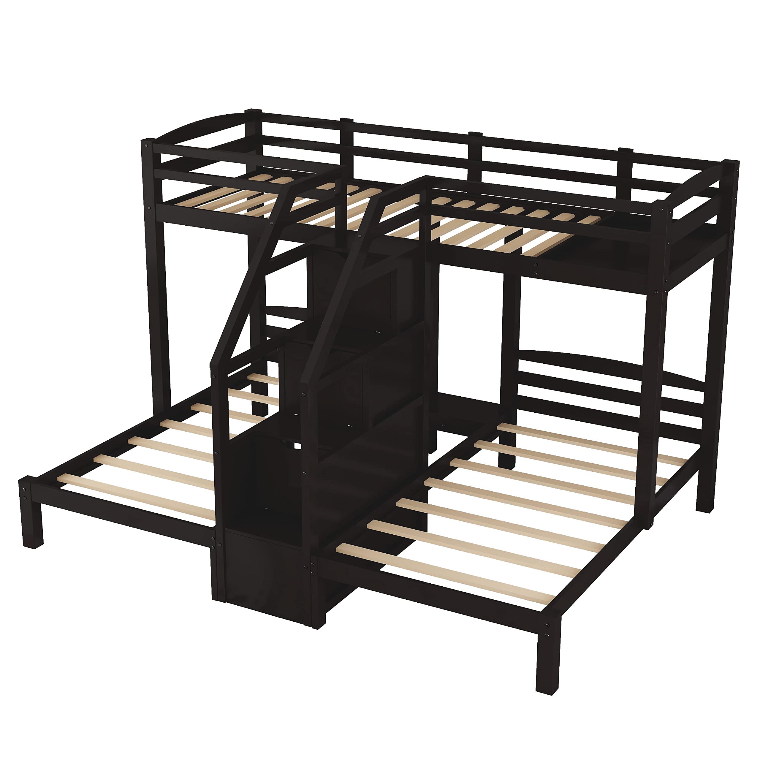 Harper & Bright Designs Triple Bunk Bed with Stairs, Twin Bunk Beds for 3, Wooden Bunk Bed with Built-in Staircase and Little Drawer for Kids Teens Adults, Espresso