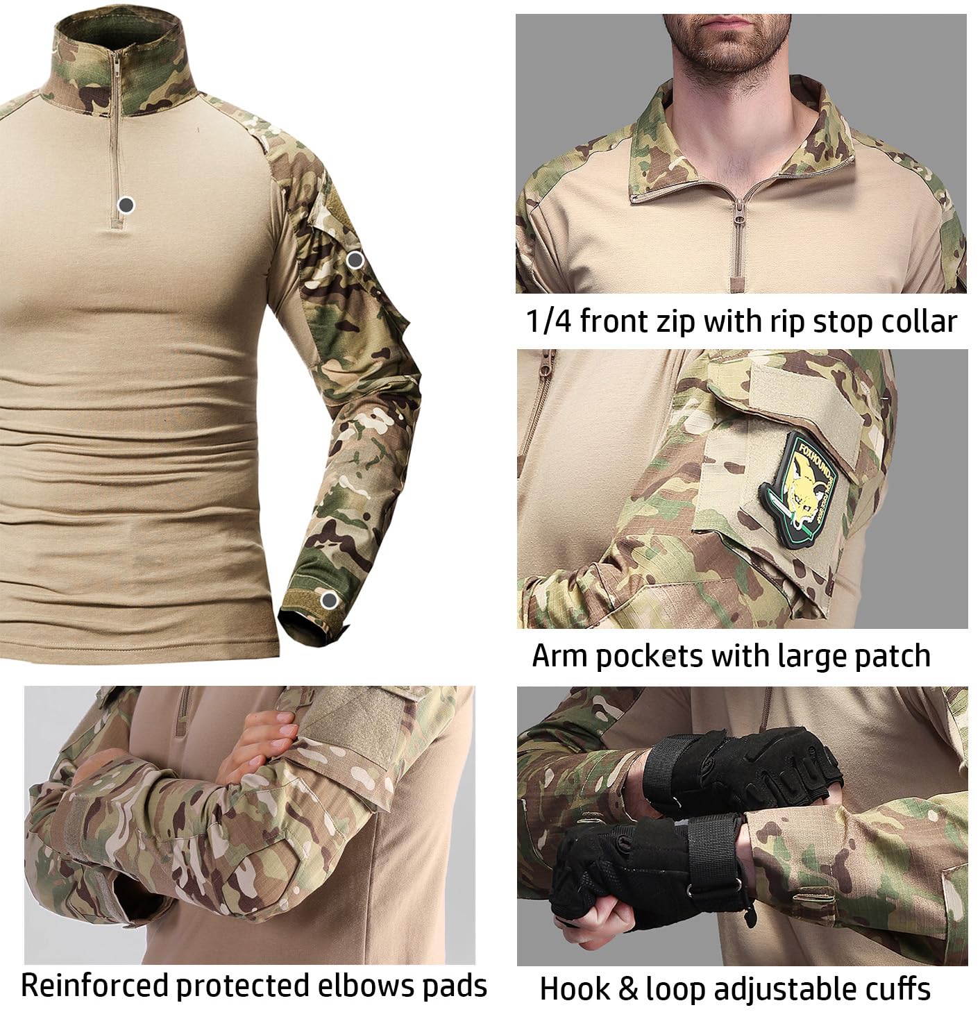CARWORNIC Men's Tactical Combat Shirt, 1/4 Zipper Long Sleeve Camo Army Military T Shirt