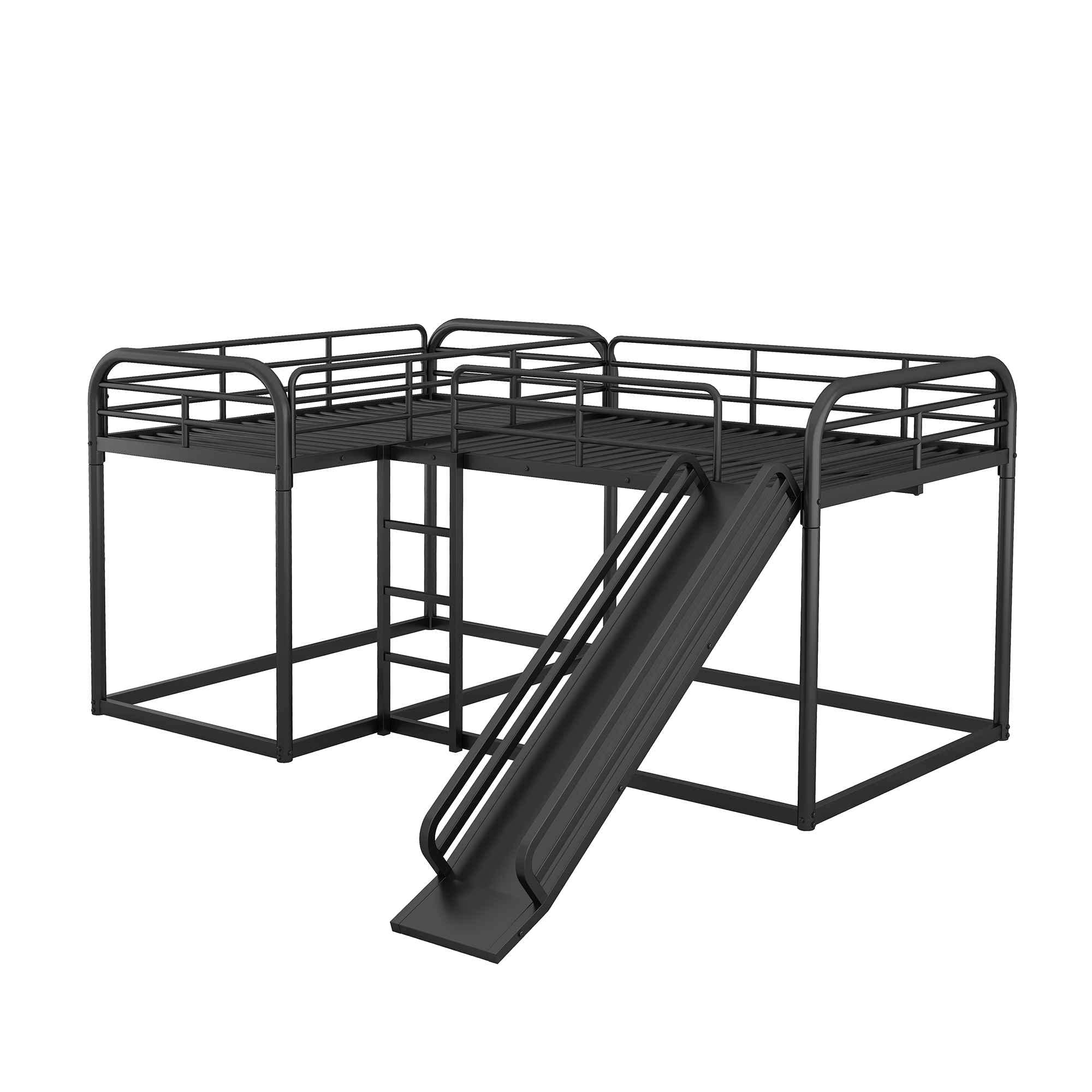 ATY L-Shaped Full and Twin Size Bunk Bed, Metal Bedframe w/Ladder & Slide, for 4 People, Bedroom, Dorm, Guestroom Supplies, Save Space Design, Black