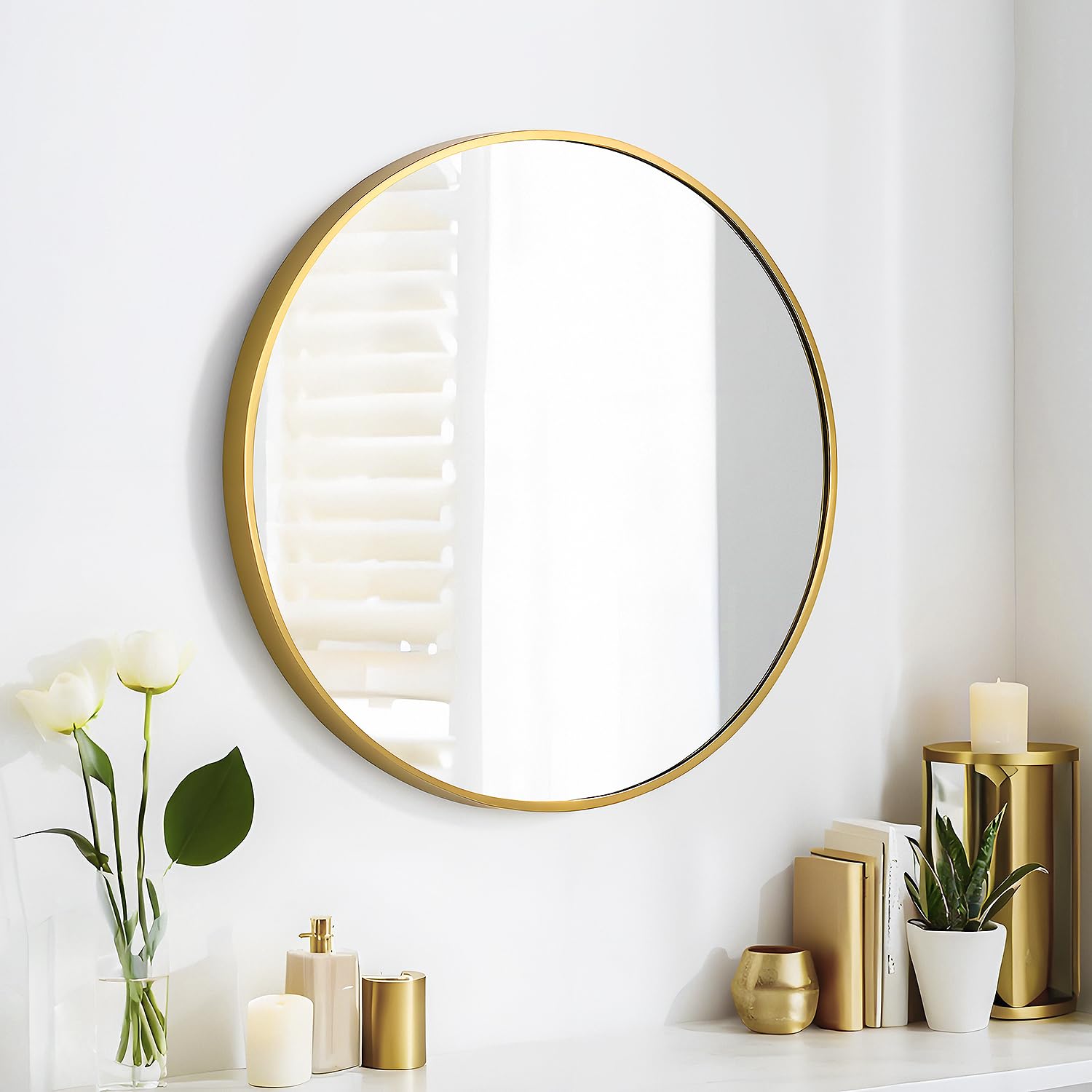 SCWF-GZ 20" Round Mirror Circle Wall Mounted Hanging or Against Wall Metal Frame Dressing Make-up Mirrors for Entryway Bedroom Bathroom Living Room 20 inch Gold