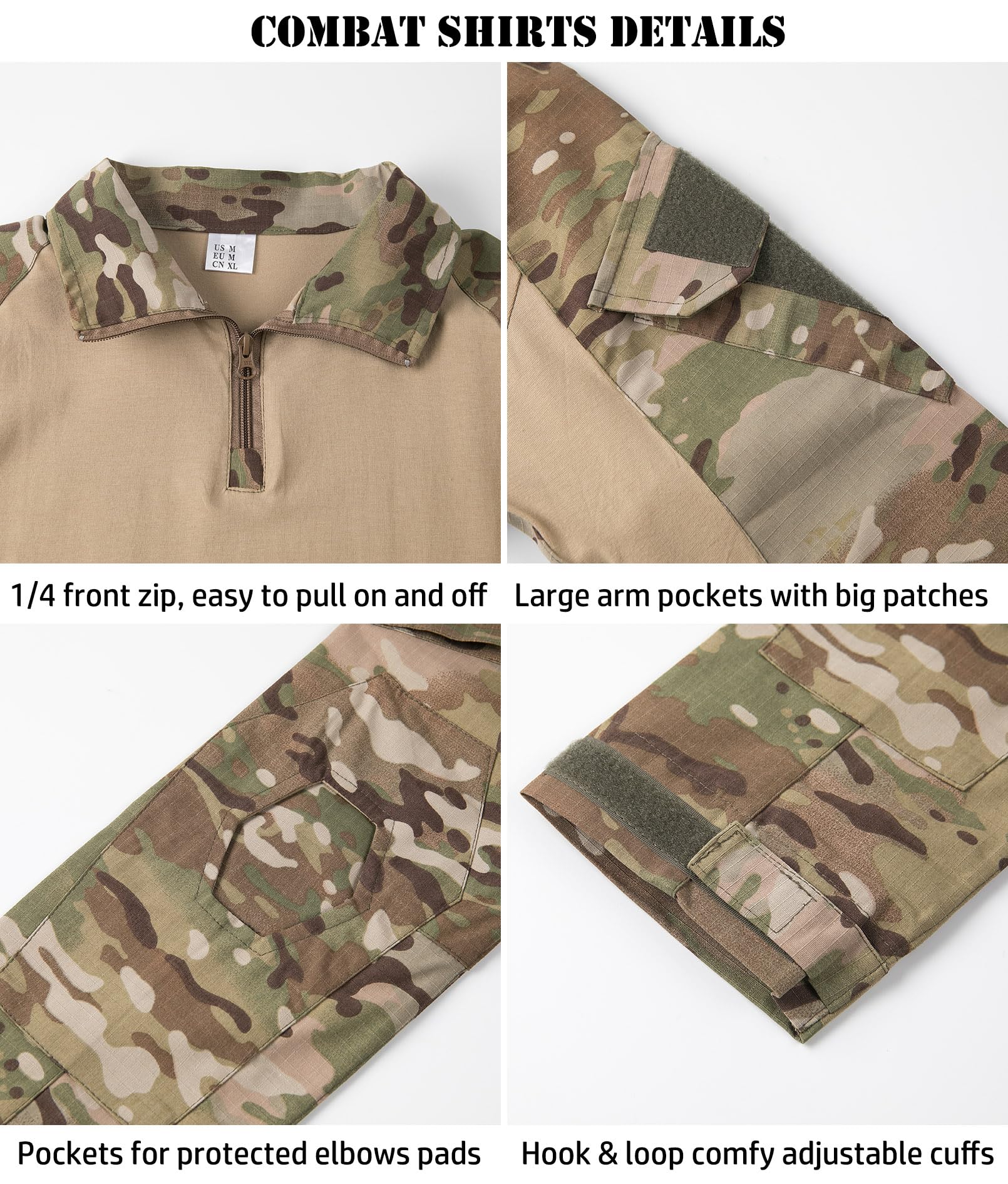 CARWORNIC Men's Tactical Combat Shirt, 1/4 Zipper Long Sleeve Camo Army Military T Shirt