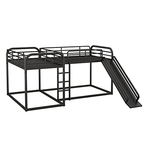 WOXYX Full and Twin Size L-Shaped Bunk Bed,Metal 4 Beds Frame with Slide and Short Ladder,White