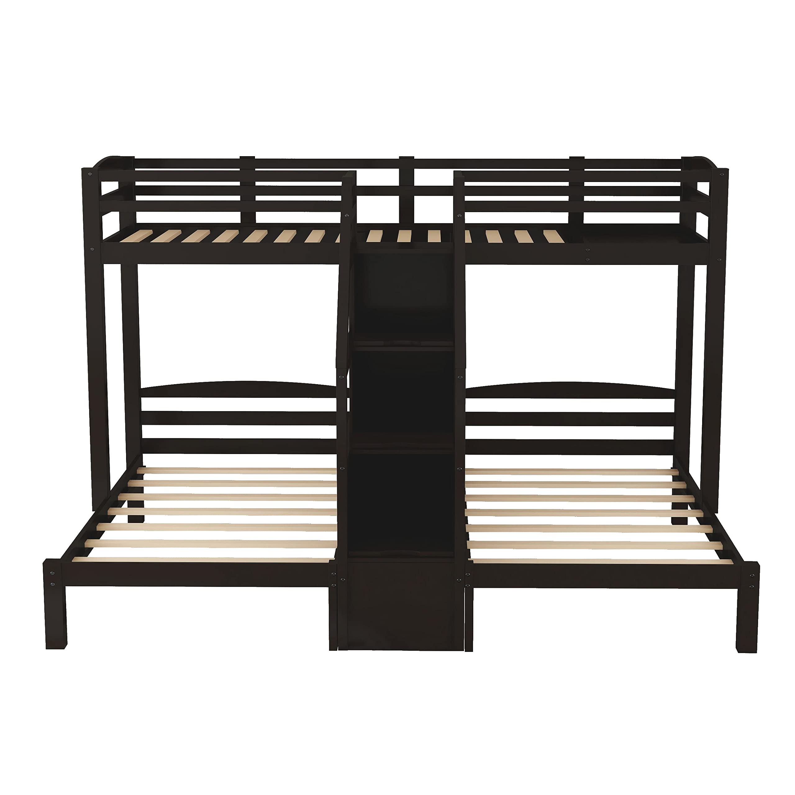 Harper & Bright Designs Triple Bunk Bed with Stairs, Twin Bunk Beds for 3, Wooden Bunk Bed with Built-in Staircase and Little Drawer for Kids Teens Adults, Espresso