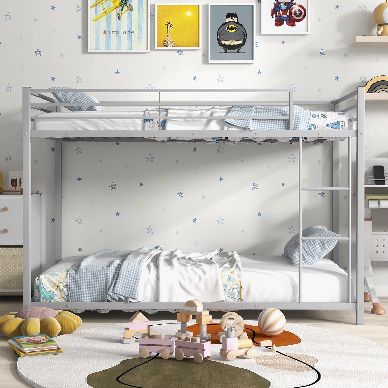 Giantex Twin Over Twin Metal Bunk Beds, Heavy Duty Bed Frame with Safety Guard Rail & Ladder, Low Floor Bunk Bed for Boys Girls Adults Dormitory Bedroom, Noise Free, No Box Spring Needed (Silver)