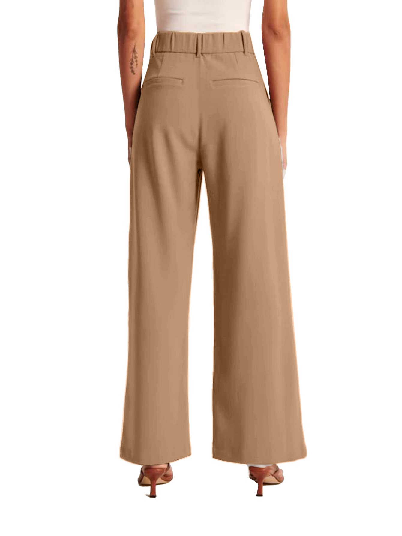 Vrtige Women's Elegant High Waist Wide Leg Long Pants Office Trousers with Pockets Khaki# Medium