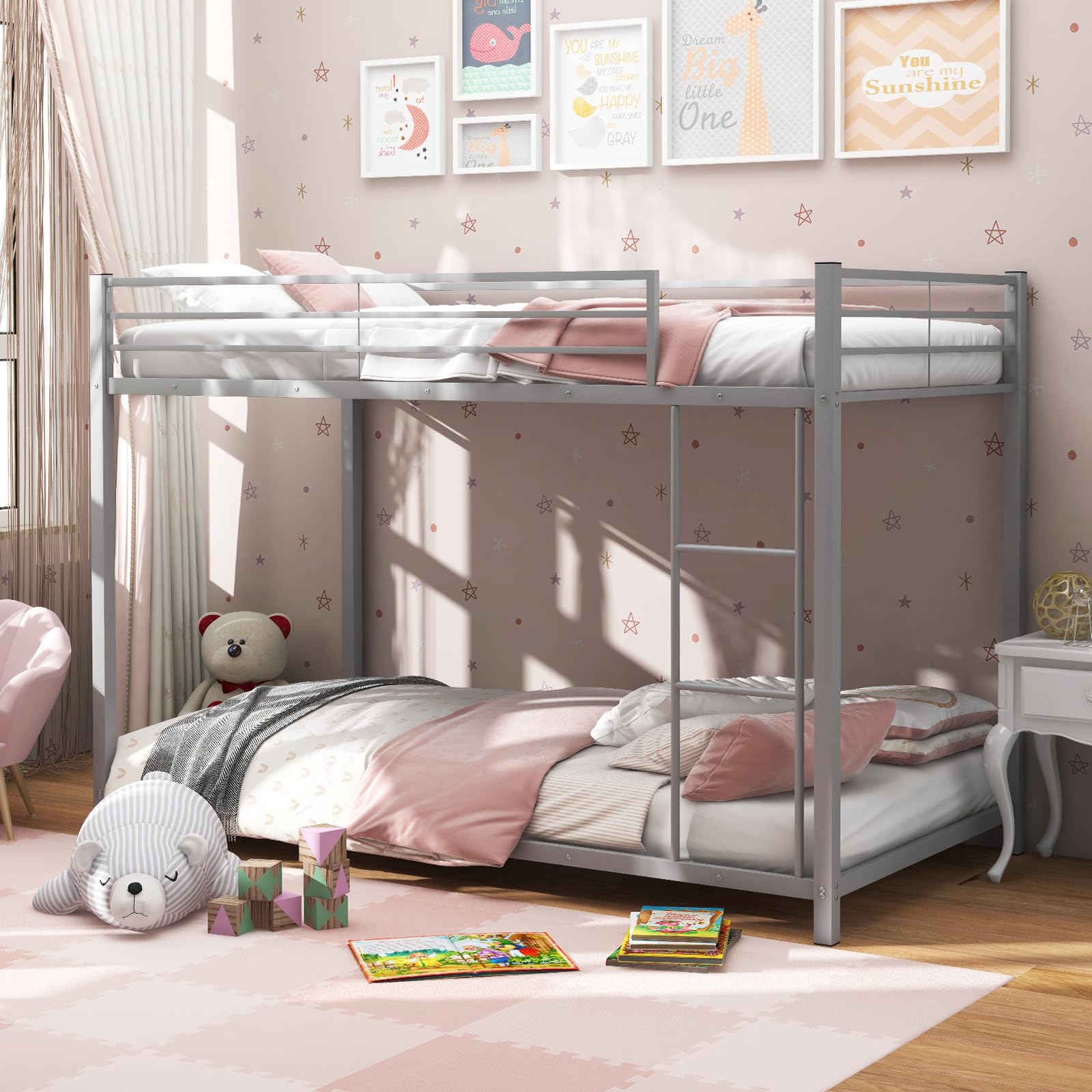 Giantex Twin Over Twin Metal Bunk Beds, Heavy Duty Bed Frame with Safety Guard Rail & Ladder, Low Floor Bunk Bed for Boys Girls Adults Dormitory Bedroom, Noise Free, No Box Spring Needed (Silver)