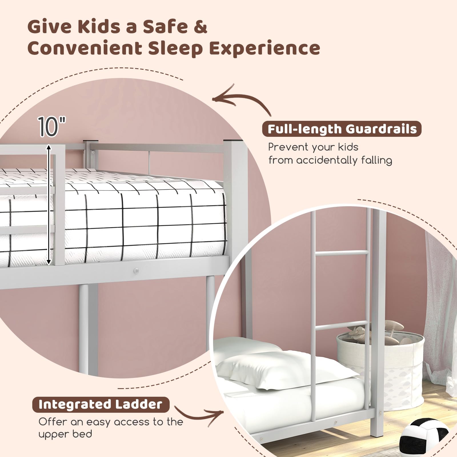 Giantex Twin Over Twin Metal Bunk Beds, Heavy Duty Bed Frame with Safety Guard Rail & Ladder, Low Floor Bunk Bed for Boys Girls Adults Dormitory Bedroom, Noise Free, No Box Spring Needed (Silver)