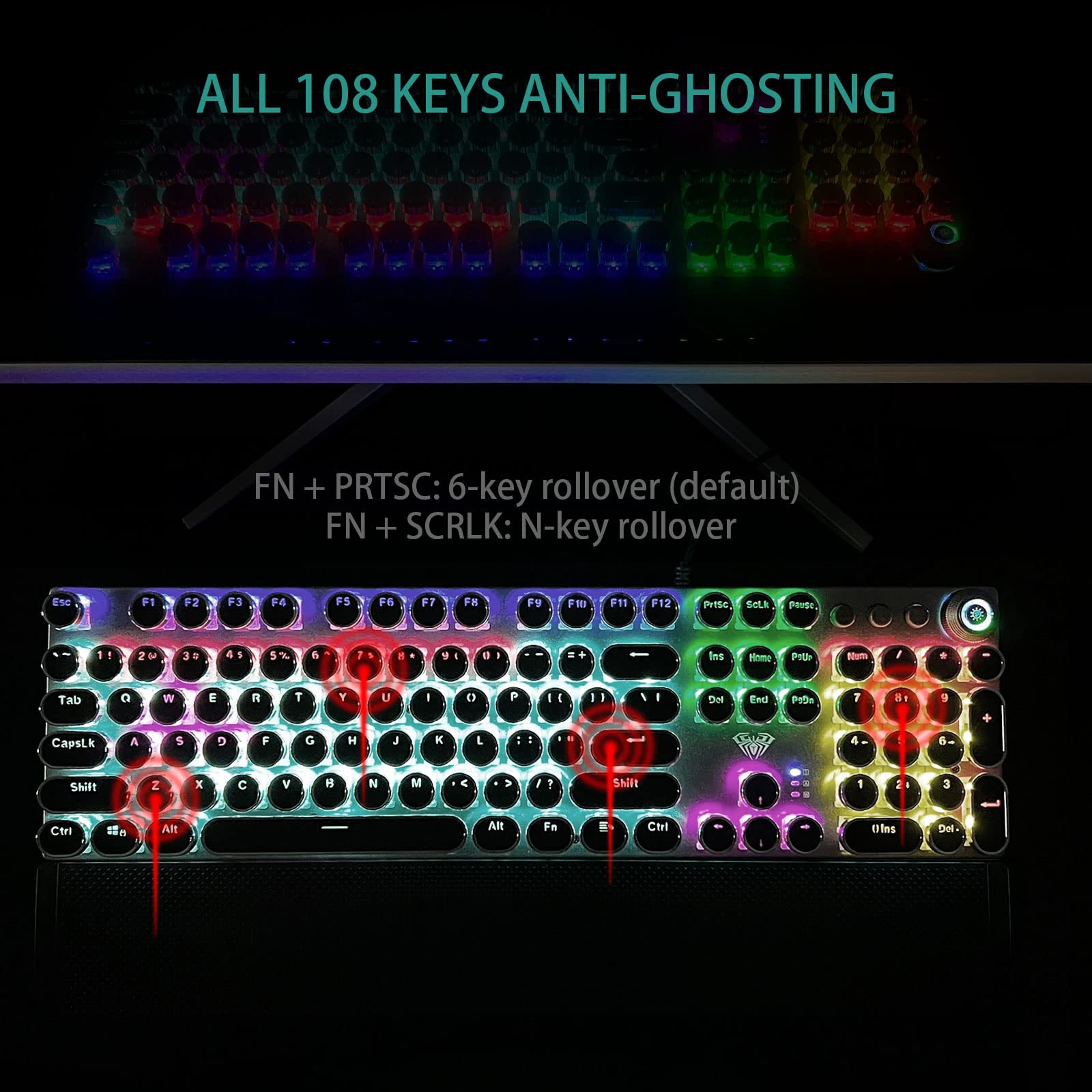 AULA F2088 Typewriter Style Mechanical Keyboard,Rainbow LED Backlit,Tactile Brown Switches,Removable Wrist Rest,Media Control Knob,Retro Round Keycaps,USB Wired PC Game Keyboard