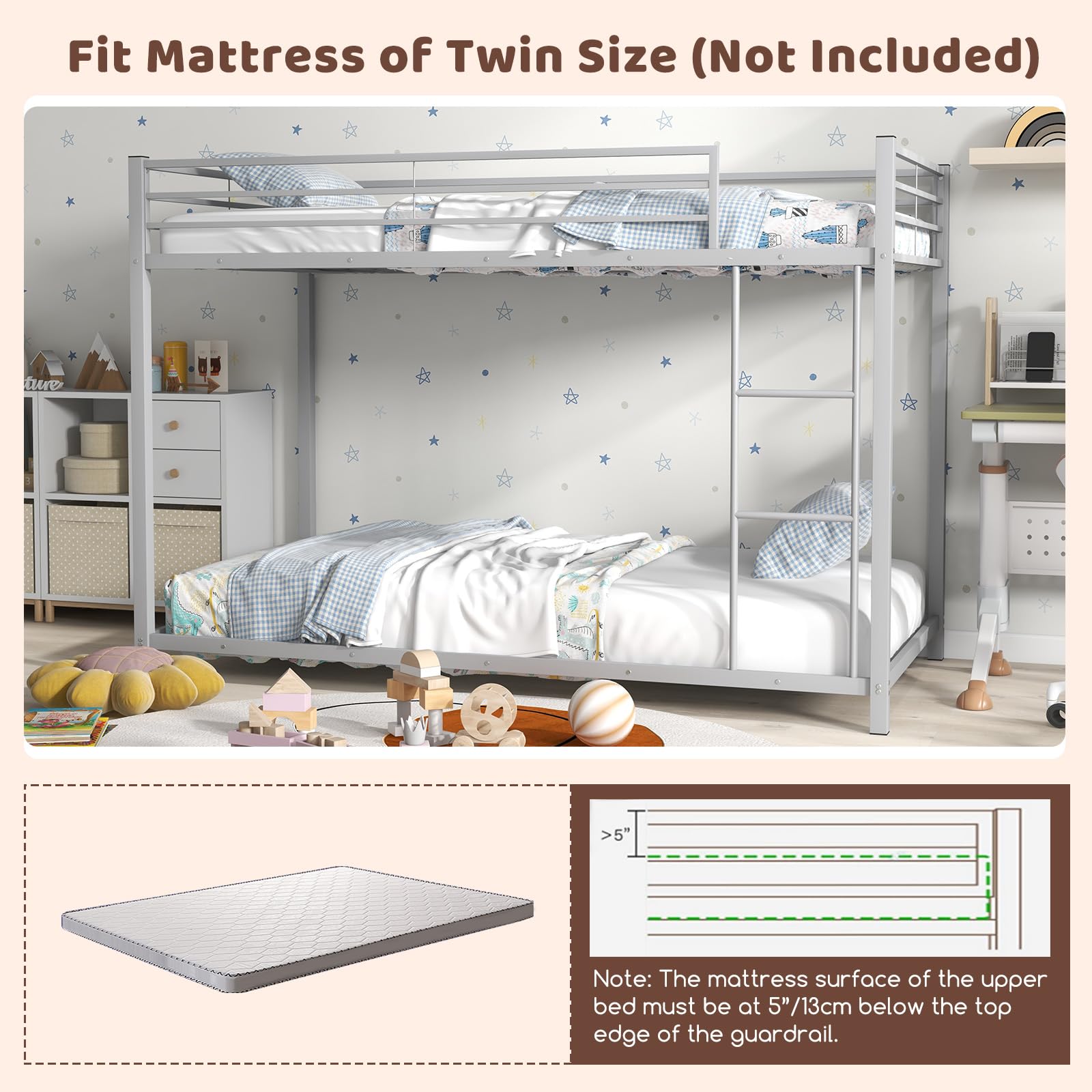 Giantex Twin Over Twin Metal Bunk Beds, Heavy Duty Bed Frame with Safety Guard Rail & Ladder, Low Floor Bunk Bed for Boys Girls Adults Dormitory Bedroom, Noise Free, No Box Spring Needed (Silver)