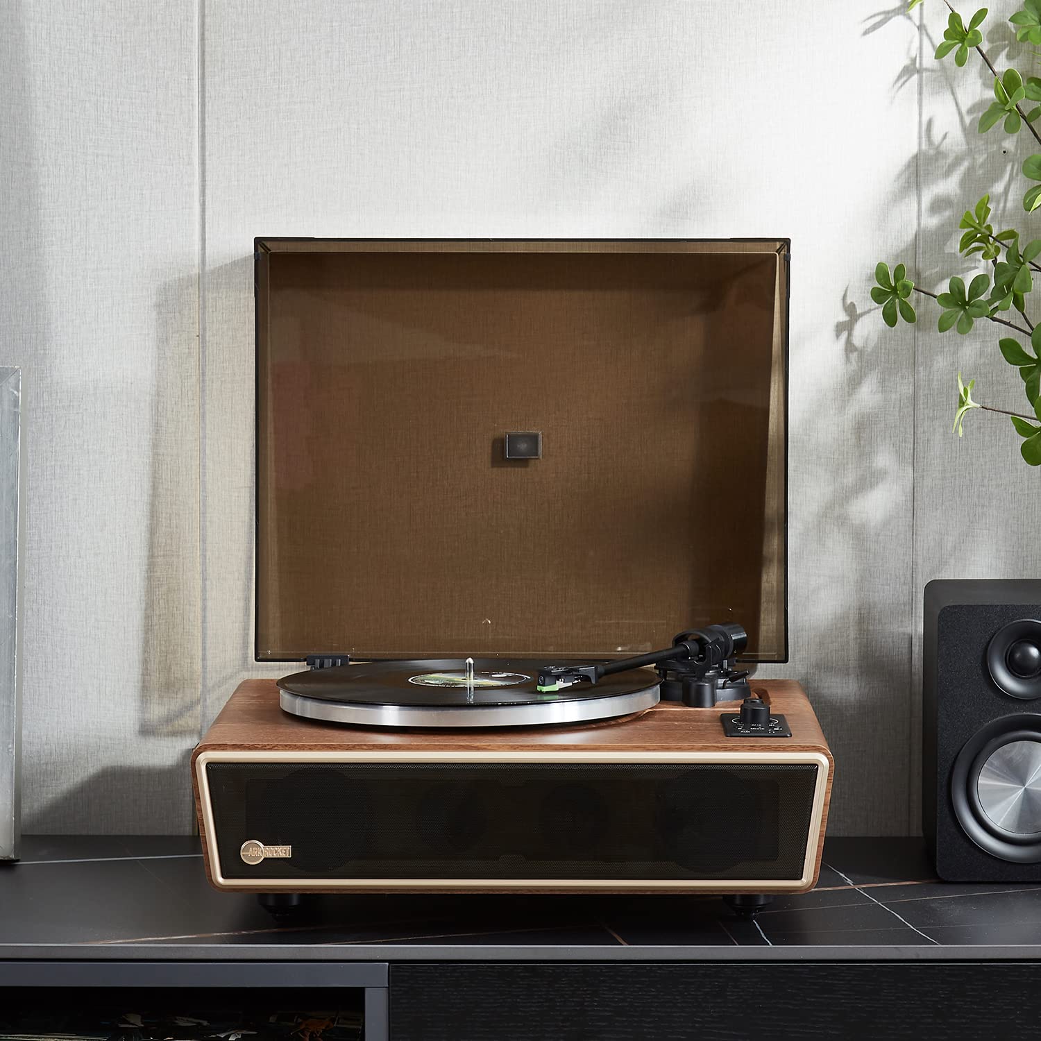 Arkrocket Huygens High Fidelity Bluetooth Record Player with Built-in Speakers Belt Drive Vinyl Turntable with Moving Magnet Cartridge, Bluetooth Input Output and Aux-in (Huygens Walnut)
