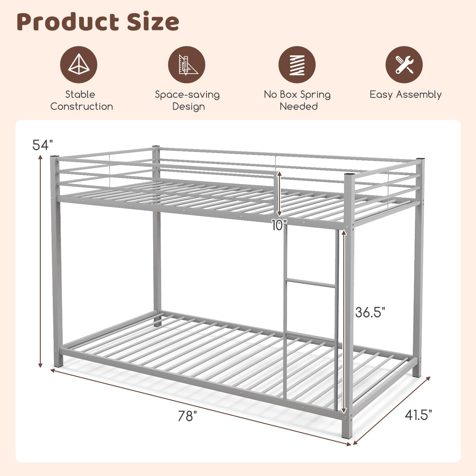Giantex Twin Over Twin Metal Bunk Beds, Heavy Duty Bed Frame with Safety Guard Rail & Ladder, Low Floor Bunk Bed for Boys Girls Adults Dormitory Bedroom, Noise Free, No Box Spring Needed (Silver)