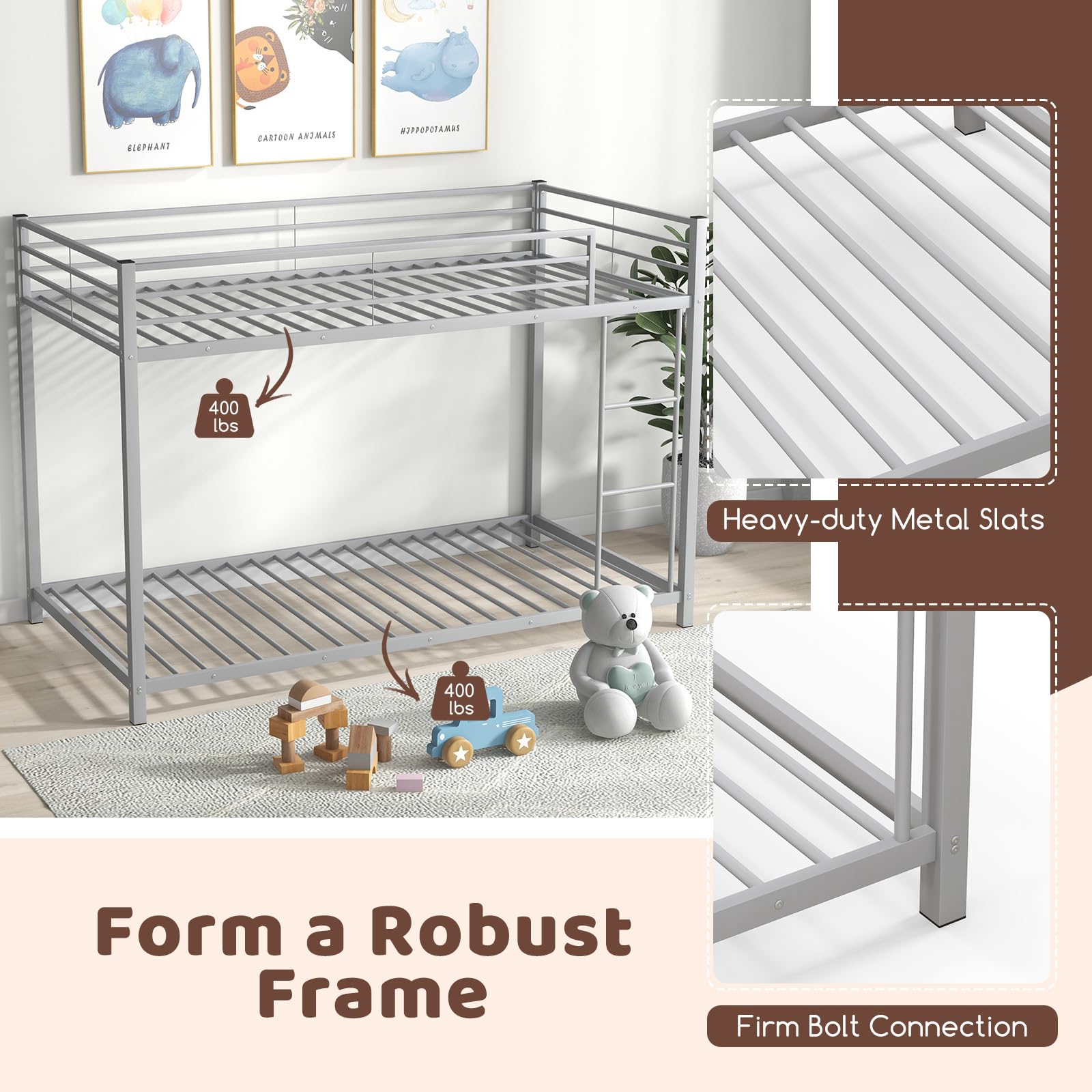 Giantex Twin Over Twin Metal Bunk Beds, Heavy Duty Bed Frame with Safety Guard Rail & Ladder, Low Floor Bunk Bed for Boys Girls Adults Dormitory Bedroom, Noise Free, No Box Spring Needed (Silver)