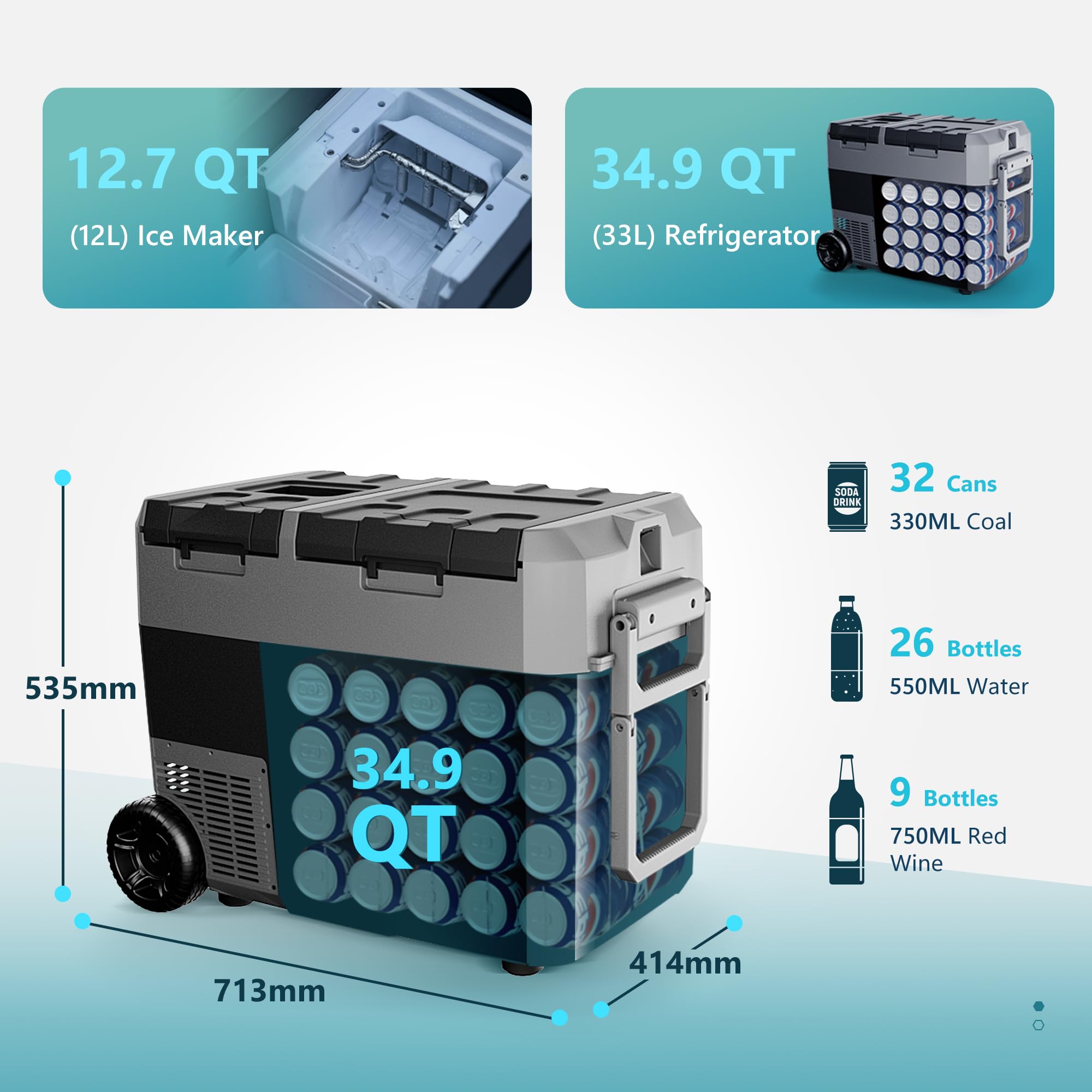 EUHOMY 12 Volt Refrigerator with Ice Maker, 48QT(45L) Electric Cooler Usable Battery Dual Zone, Car Refrigerator APP Control, 12V Fridge 12/24V DC 110-240V AC for Camping, Travel, Outdoor, Home