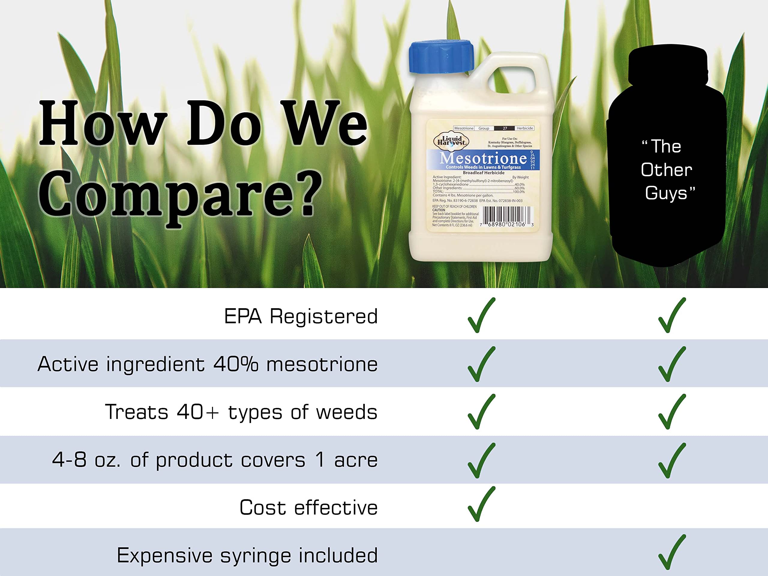 Liquid Harvest Mesotrione Bundle - 8 Ounces - Mesotrione Concentrate (Compare to Tenacity) - Pre and Post-Emergent Weed Killer for Lawn and Turf Grasses with 8oz Surfactant