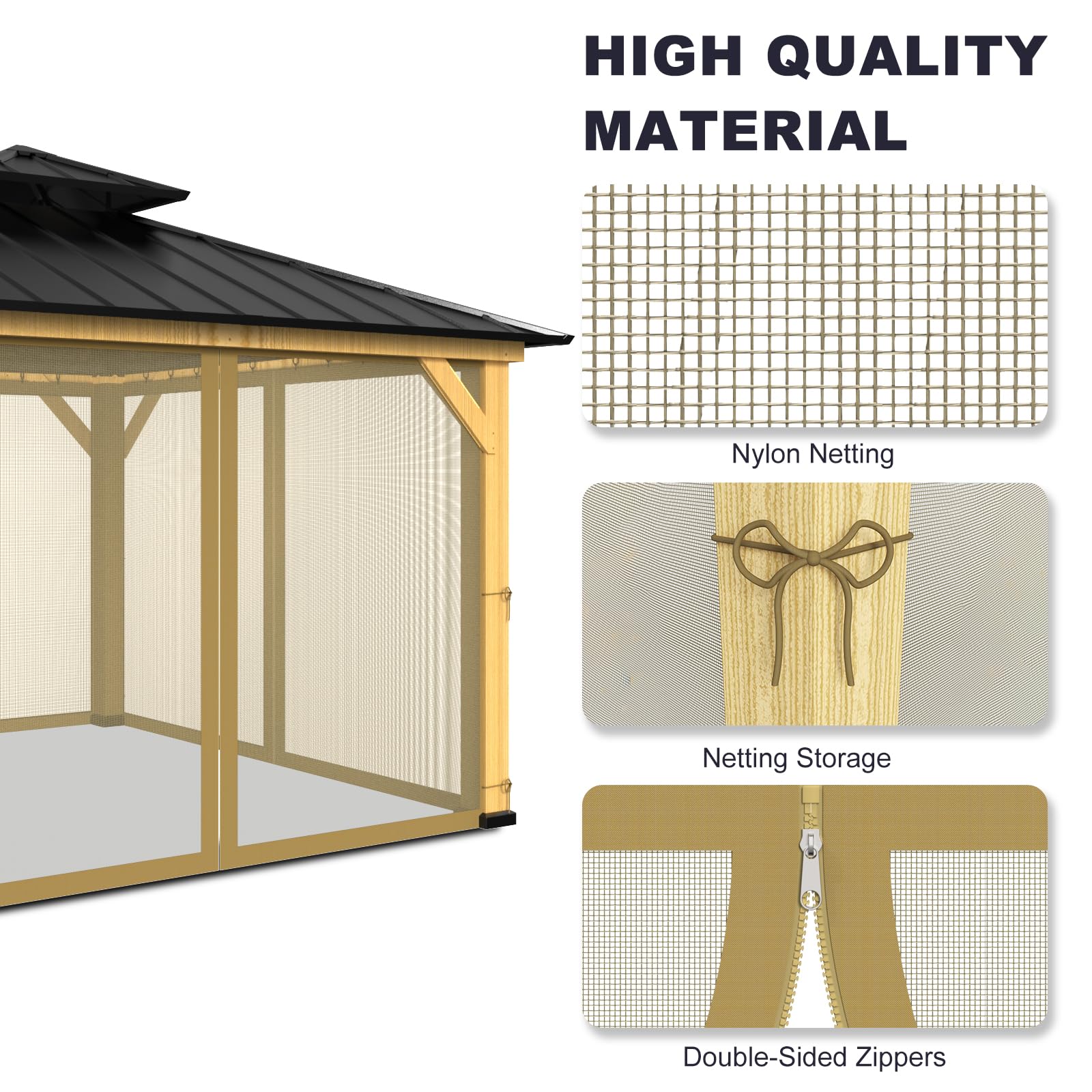 10-ft x 10-ft Gazebo Netting Replacement,Universal 4-Panel Mosquito Netting for Gazebo with Zippers(Only Netting)-Beige