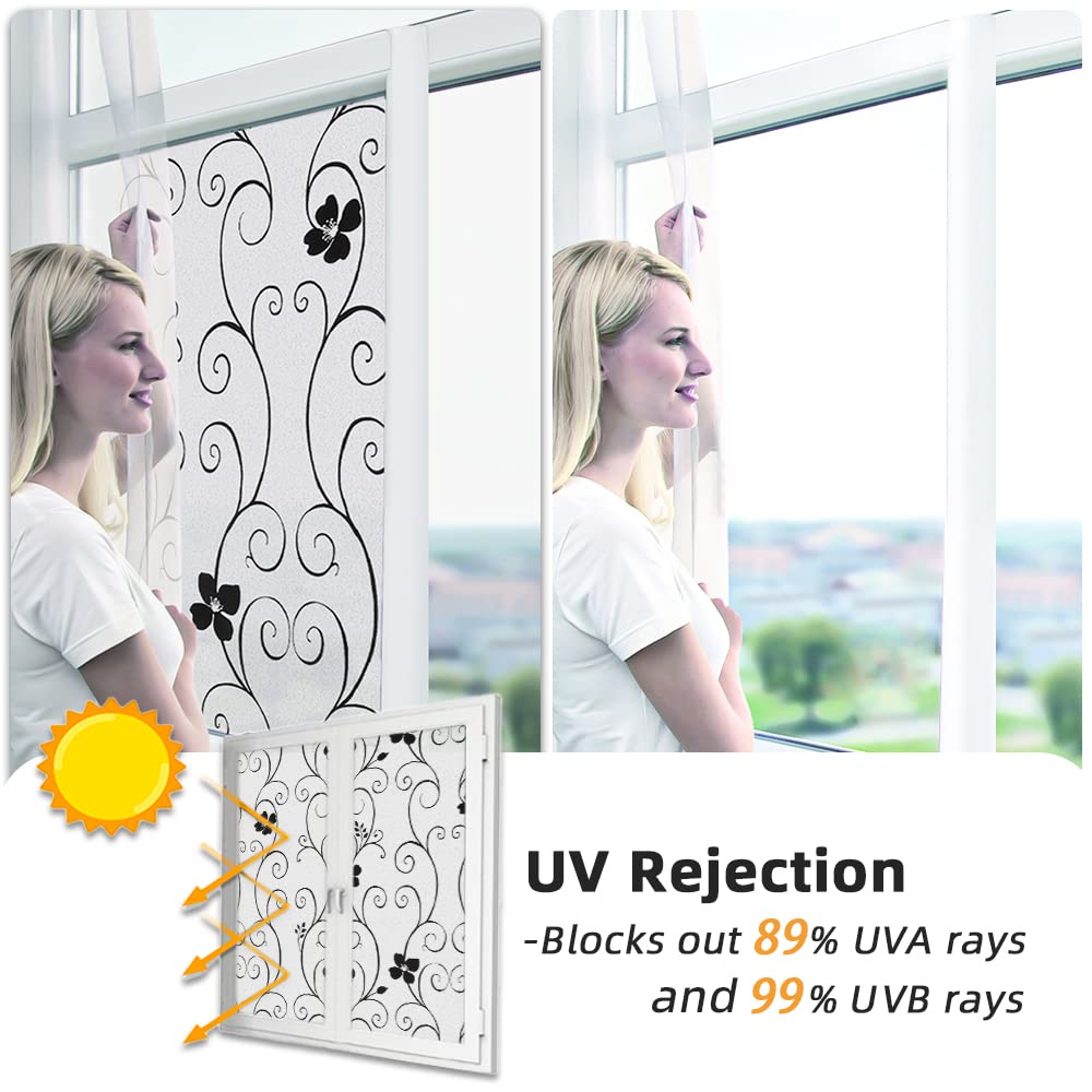 DUOFIRE Privacy Window Film Natural Frosted and Black Flower Static Cling Glass Film