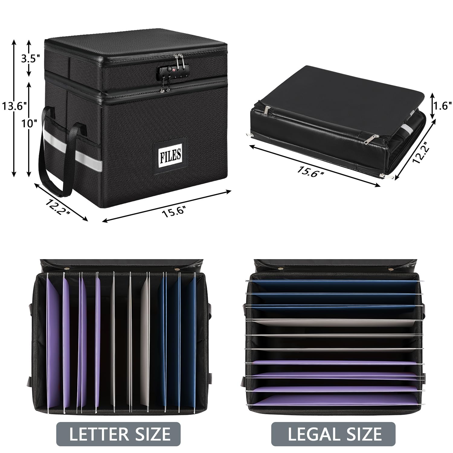 File Box with Wheels, Fireproof Document box with 5 Tabs & Inserts, Rolling File Organizer Cabinet for Home Office, Portable Collapsible File Storage with Lock for Hanging Letter/Legal Size Folder