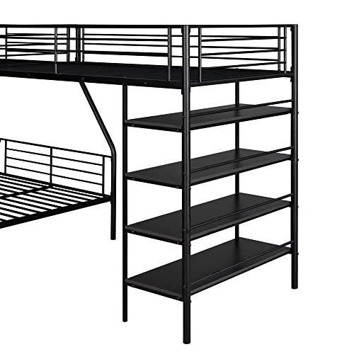 RORIGAT L-Shaped Twin Over Full Bunk Bed，Twin Size Loft Bed Full-Length Guard Rails，Triple Bunk Bed with Four Built-in Shelves and One Ladder for Bedroom, Dorm, Boys, Girls, Adults,Black
