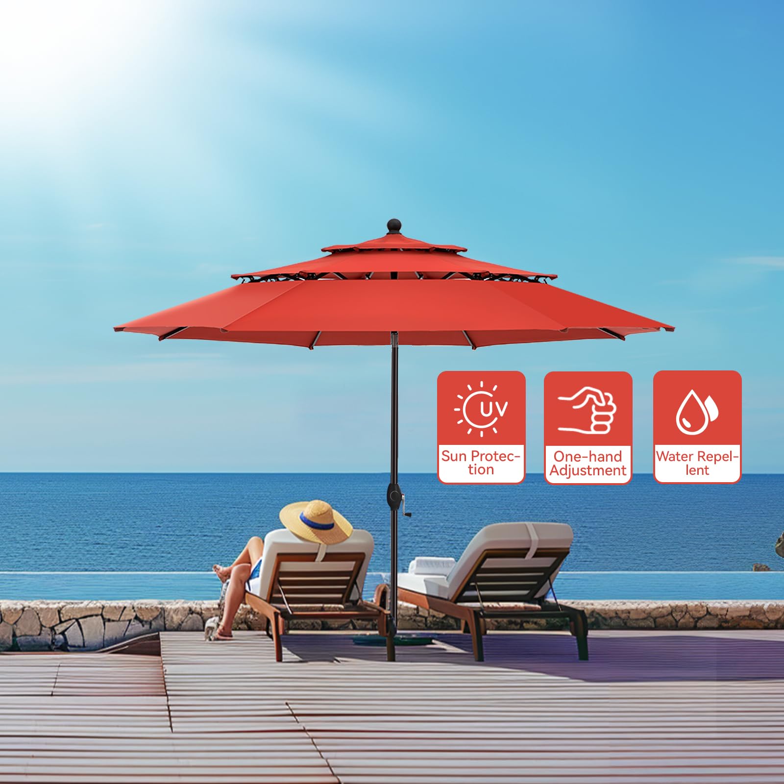 GREEN PARTY 10ft Outdoor Patio Umbrella, [Auto-Tilting] 3 Tiers Market Table Umbrellas with 1.5" Pole, 8 Sturdy Ribs, 3-Year-Non-Fading for Garden Deck Pool Backyard, Orange Red