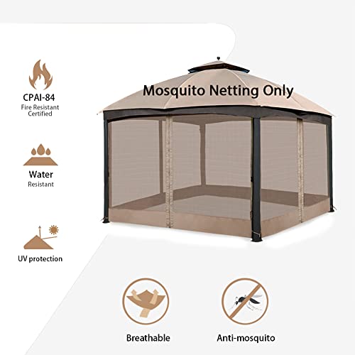 Gazebo Universal Replacement Mosquito Netting - Gafrem Outdoor 10'x12' Gazebo 4-Panel Screen Walls with Zipper (Khaki)