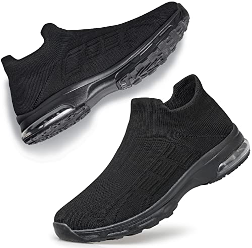 vibdiv Women Sneakers Fashion Walking Shoes Slip-on Air Cushion Lightweight Breathable Comfortable, Full Black 8