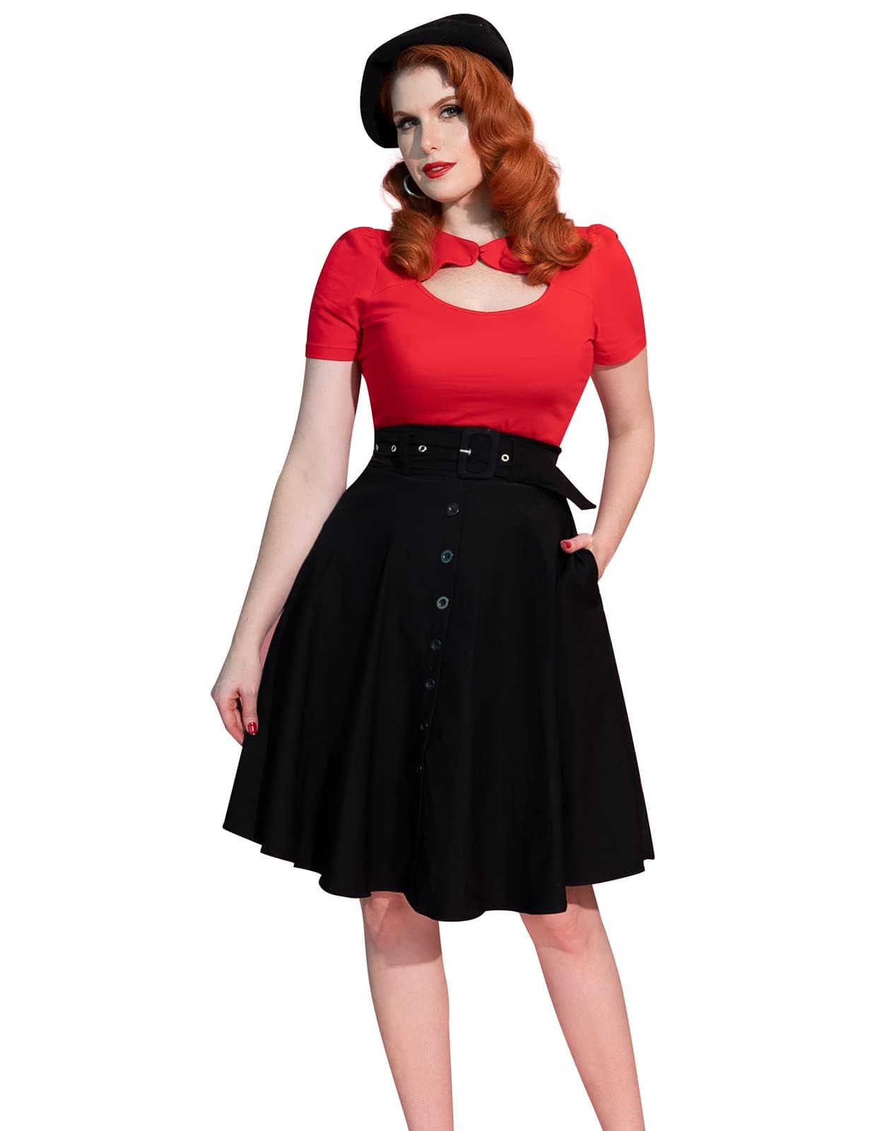 Women's Vintage High Waisted A-Line Skirts Flowy Long Skirt with Pockets and Belts Black XL