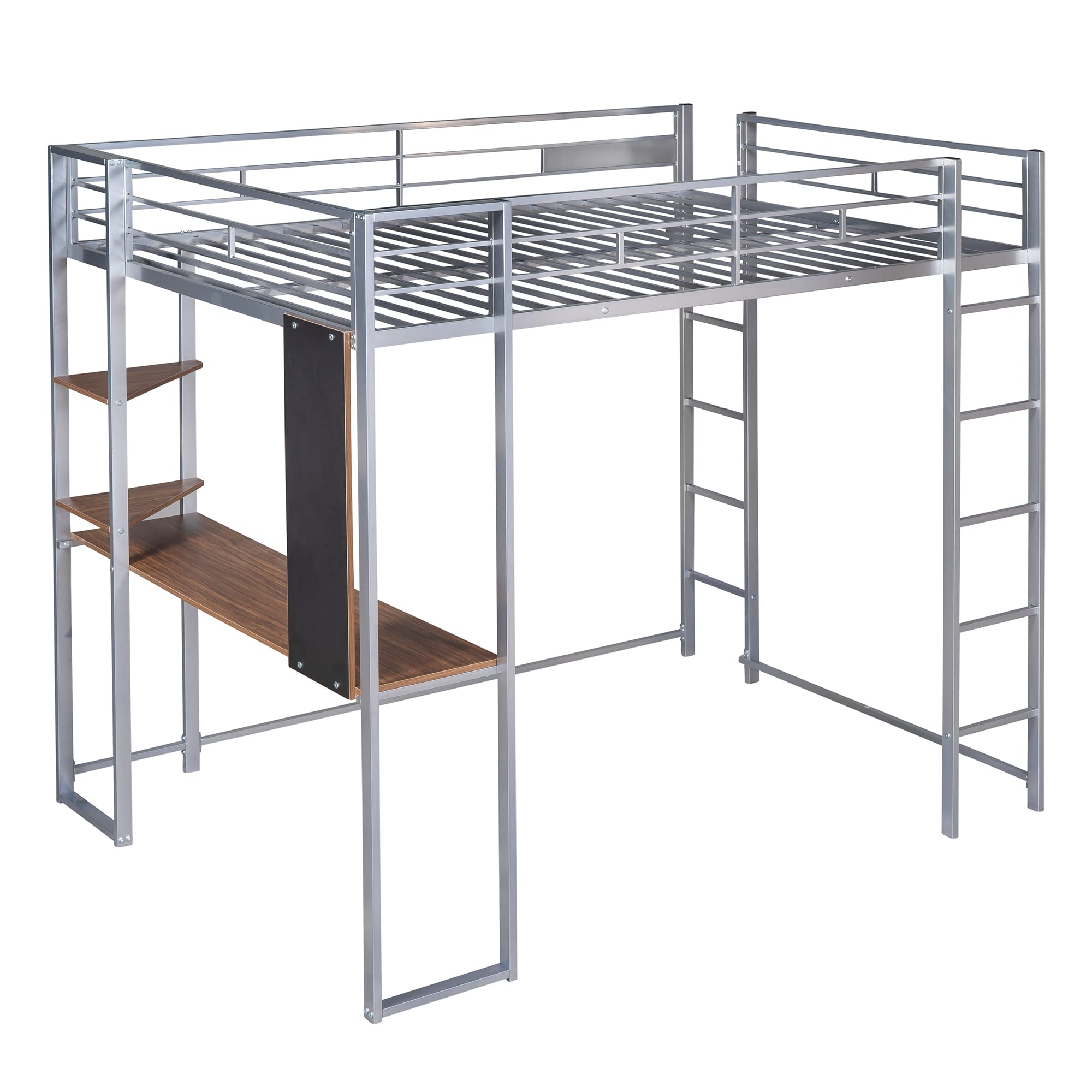 Harper & Bright Designs Full Size Metal Loft Bed with Desk and Shelves, for Kids Teens Adults (Silver)