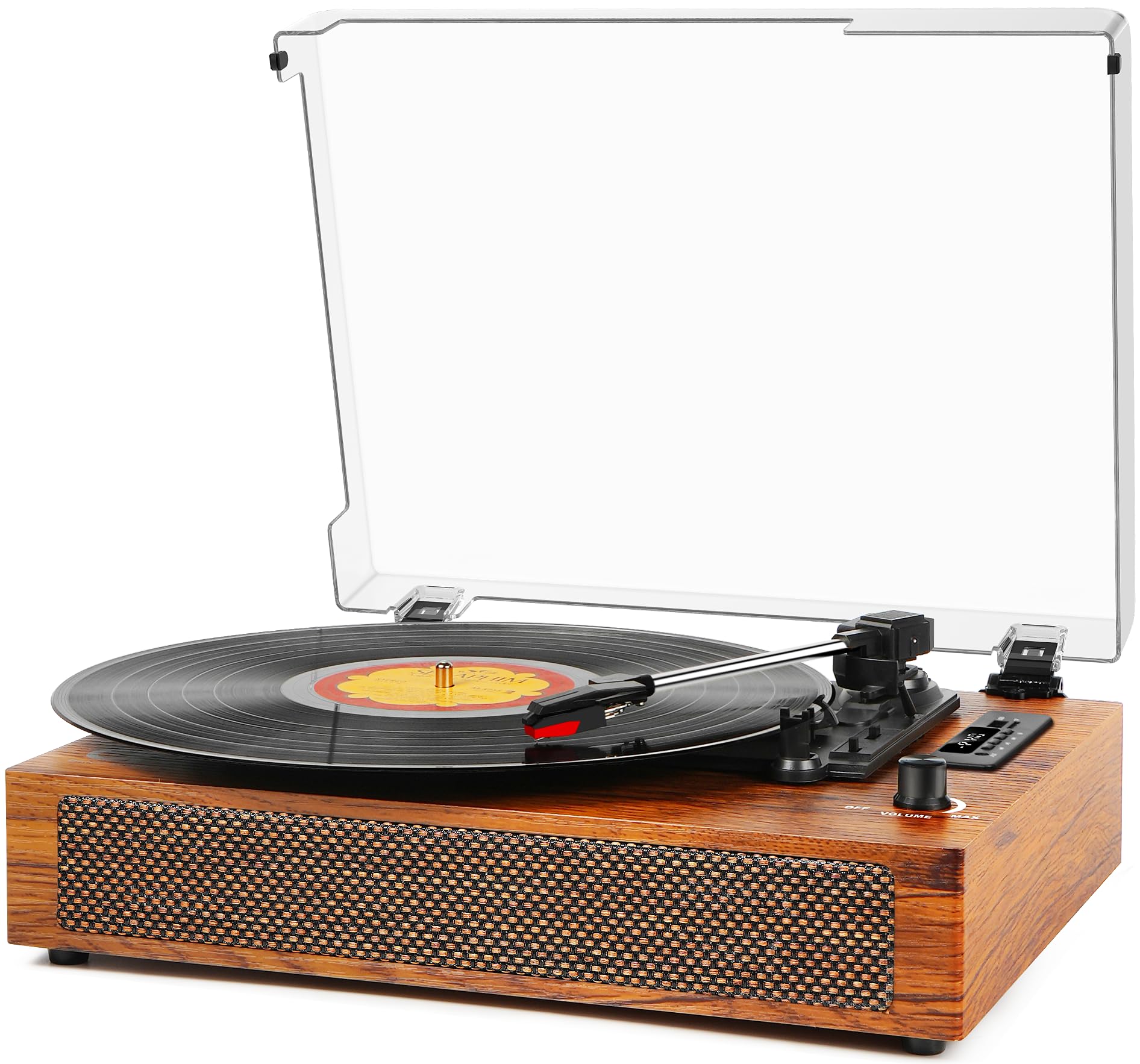 Vintage 3-Speed Bluetooth Turntable with Built-in Speakers & USB Recording Digital Display - Retro Vinyl Record Player w/RCA Line-Out, AUX Input - LP Player with Walnut Finish