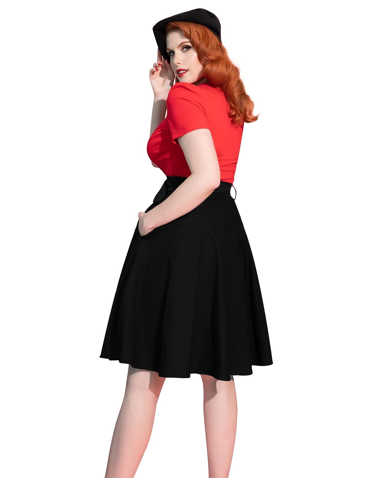 Women's Vintage High Waisted A-Line Skirts Flowy Long Skirt with Pockets and Belts Black XL