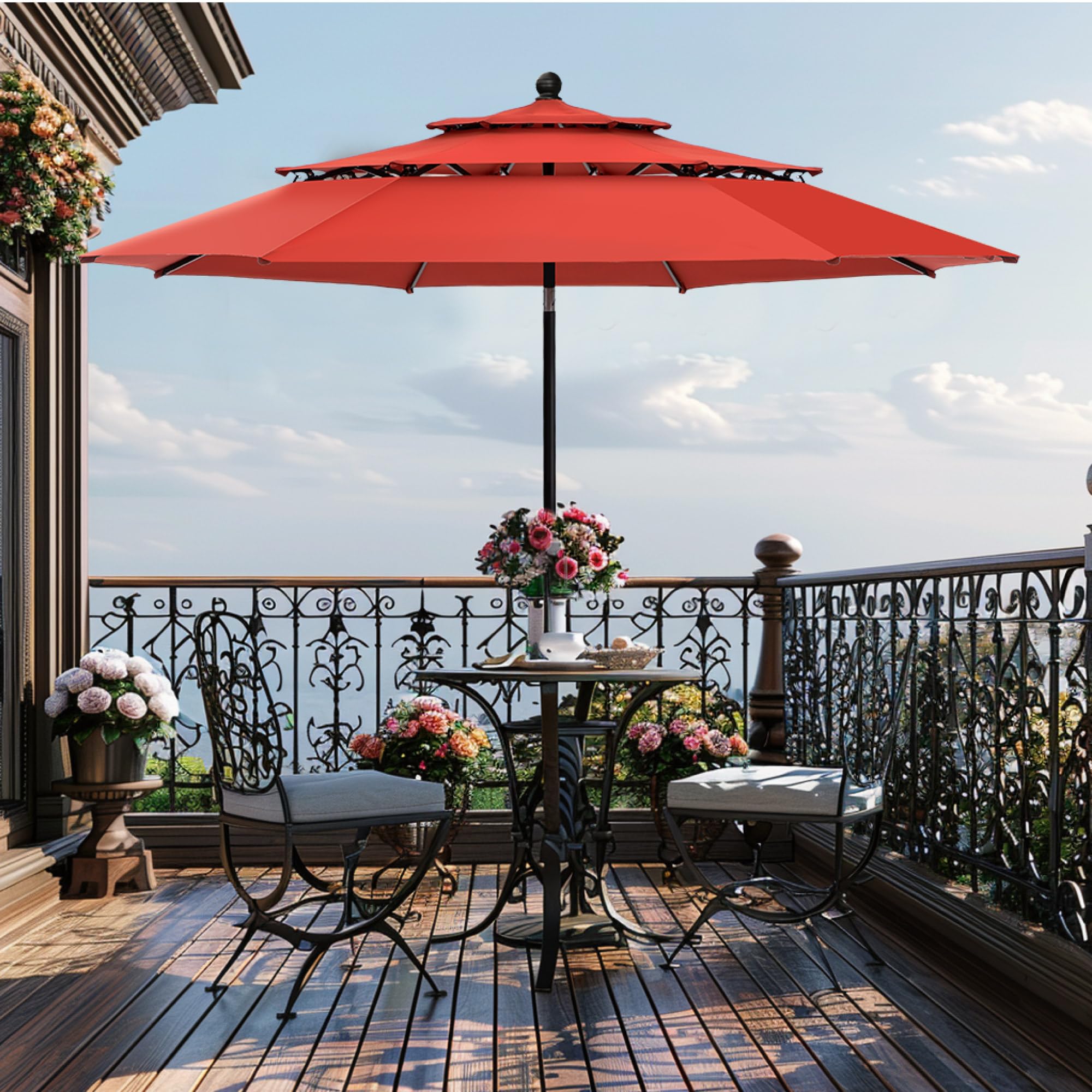 GREEN PARTY 10ft Outdoor Patio Umbrella, [Auto-Tilting] 3 Tiers Market Table Umbrellas with 1.5" Pole, 8 Sturdy Ribs, 3-Year-Non-Fading for Garden Deck Pool Backyard, Orange Red
