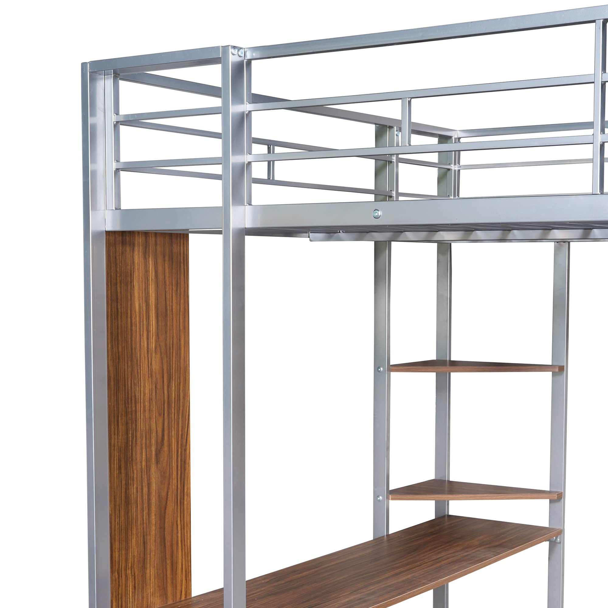 Harper & Bright Designs Full Size Metal Loft Bed with Desk and Shelves, for Kids Teens Adults (Silver)
