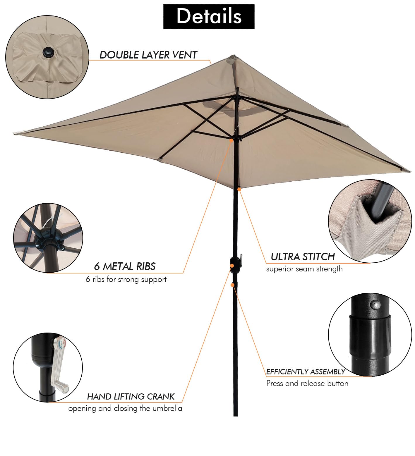 ontheway 6.5x10 ft Rectangular Patio Umbrella, Outdoor Market Table Umbrella with Hand Crank, Rust-Resistant Frame, 6 Steel Ribs, Swimming Pool, Garden, Courtyard, Lawn