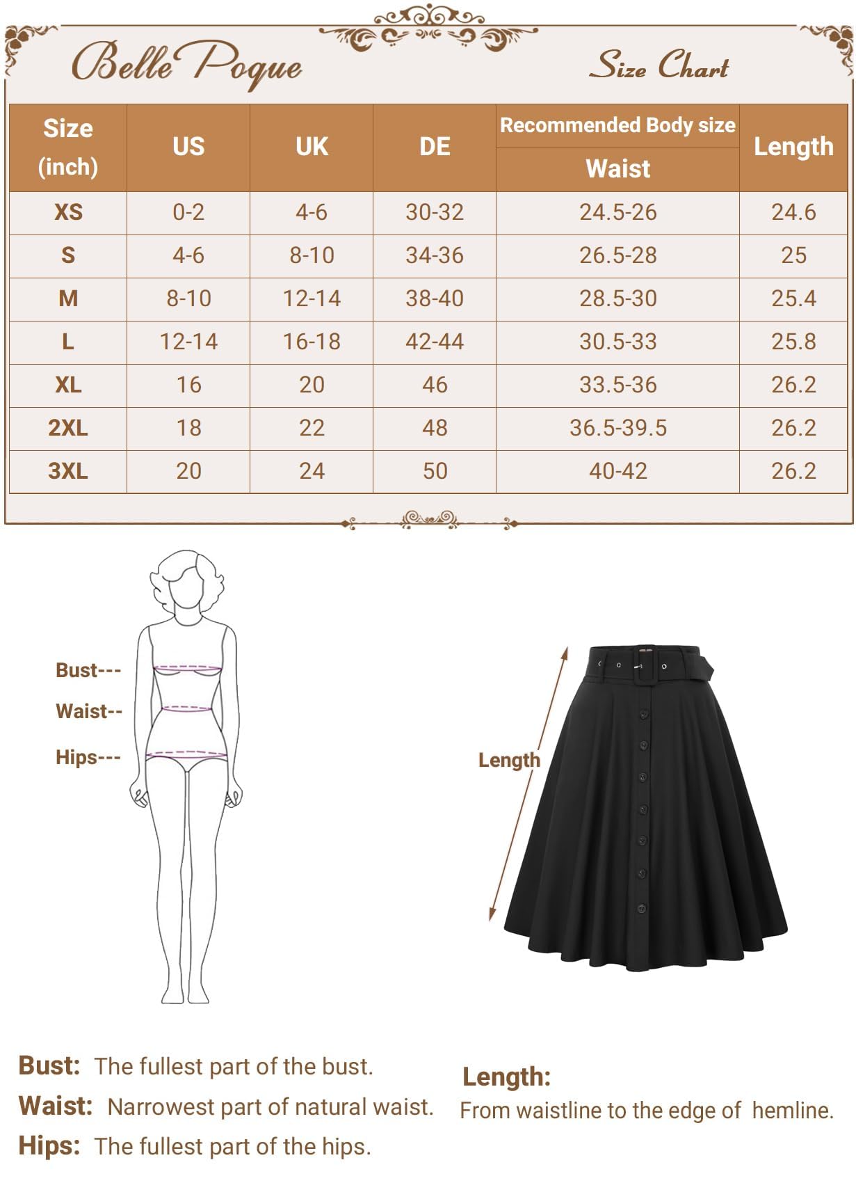 Women's Vintage High Waisted A-Line Skirts Flowy Long Skirt with Pockets and Belts Black XL