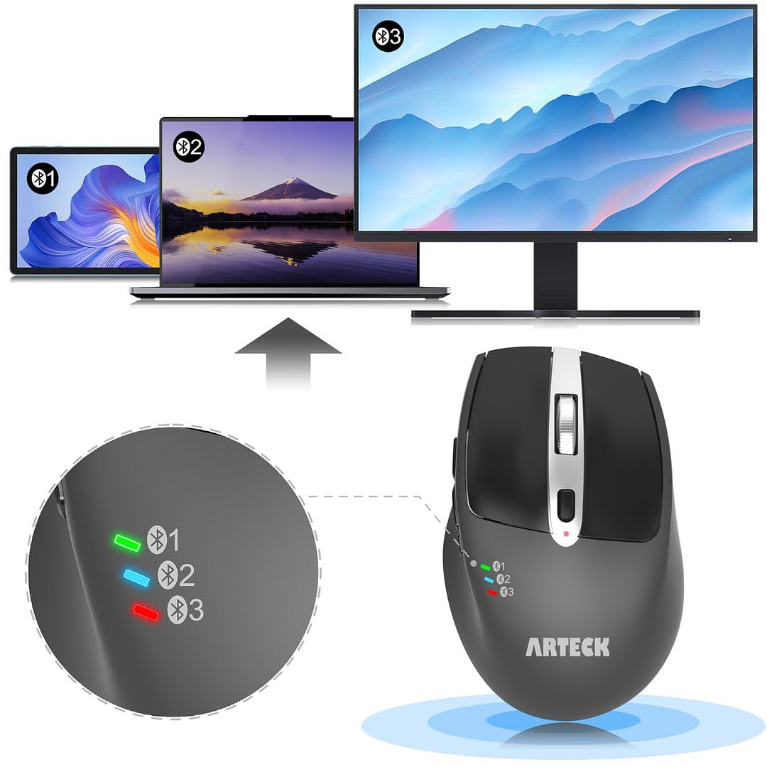 Arteck Multi-Device Wireless Bluetooth Mouse Ergonomic Silent Clicking Backward Forward for Desktop PC Laptop Mac iPad Build in Rechargeable Battery