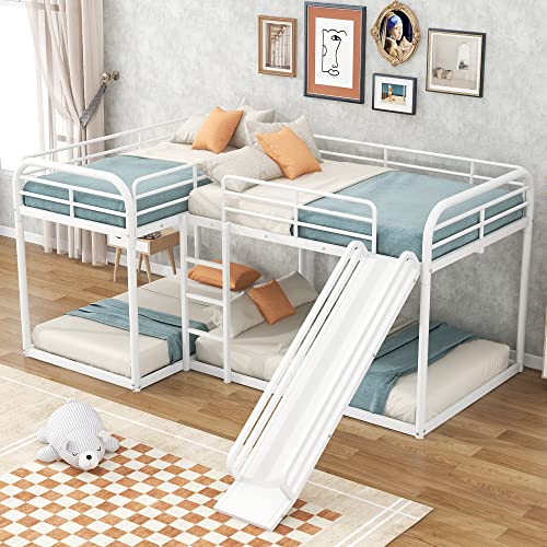 WOXYX Full and Twin Size L-Shaped Bunk Bed,Metal 4 Beds Frame with Slide and Short Ladder,Black
