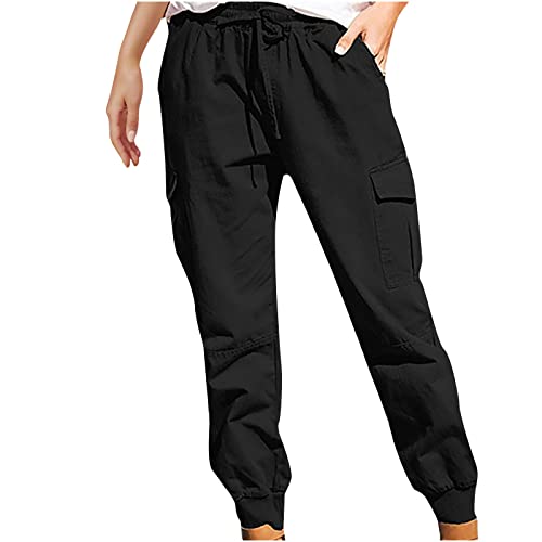 wmjolc Women's Cargo Pants Cotton Casual Joggers Pants Outdoor Combat Work Trousers Drawstring Waist Sweatpants with Pocket Black