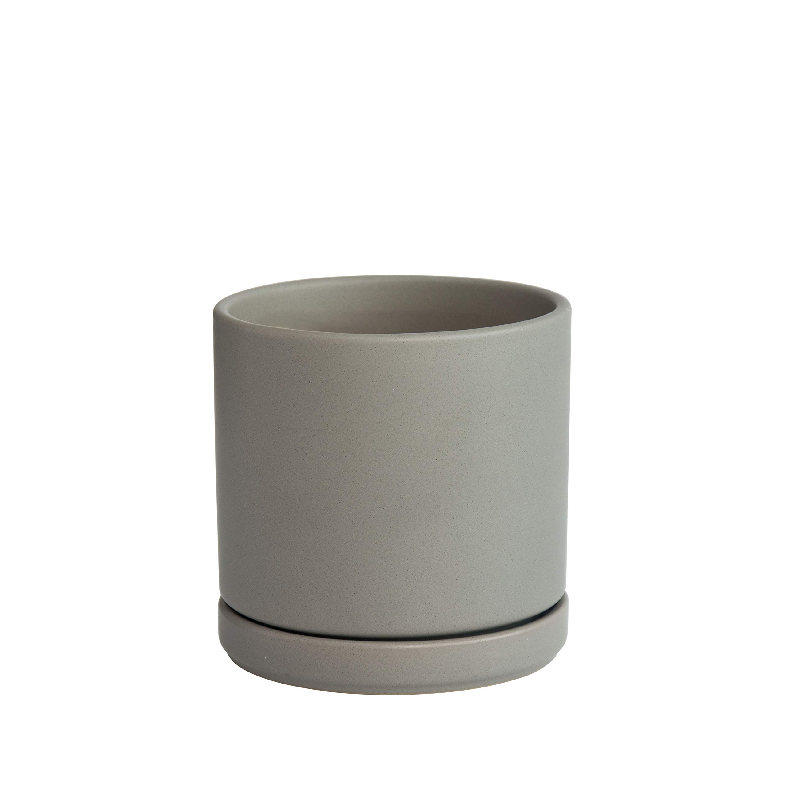 D'vine Dev 6 Inch Ceramic Planter Pot with Drainage Hole and Saucer, Indoor Cylinder Round Flower Pot, Grey, 94-O-C-3
