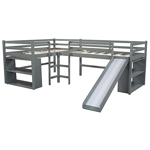 GLORHOME L-Shaped Twin Size Loft Bed, Space Saving Corner Loftbed Frame with Slide, Movable Two-Tier Shelves and Full-Length Guardrail for Kids,Modern Bedroom Furniture, Grey (Low loft Bed)